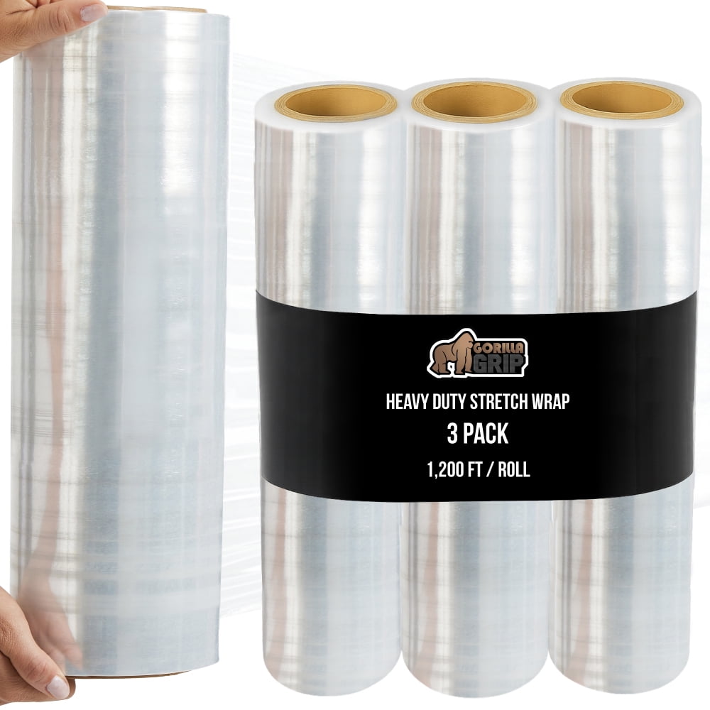 GORILLA GRIP 500% Stretch Film Heavy Duty Plastic, 3 Pack 1200ft Shrink ...