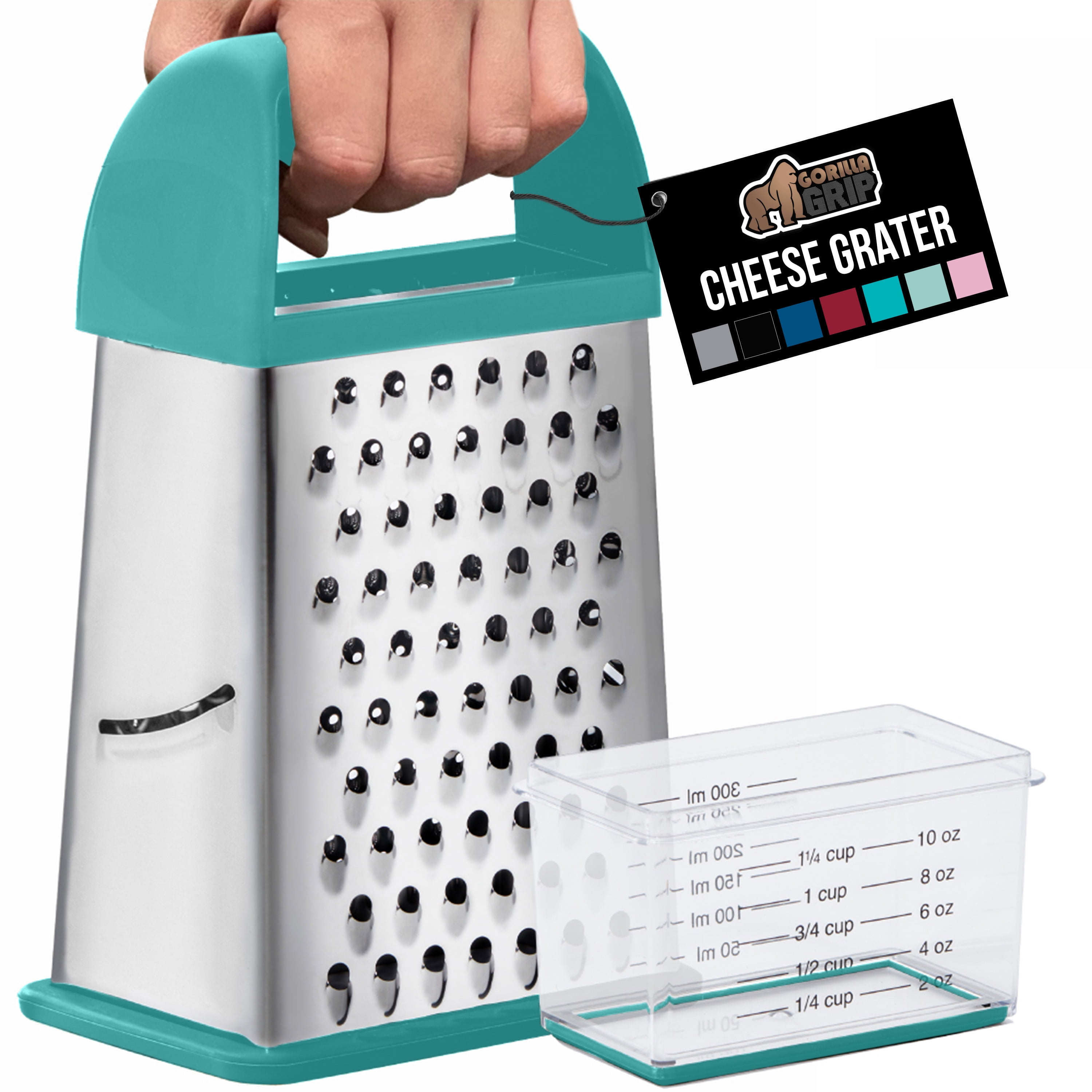 Gorilla Grip Cheese Grater, Stainless Steel 4-Sided Box Grater with Detachable Container ...
