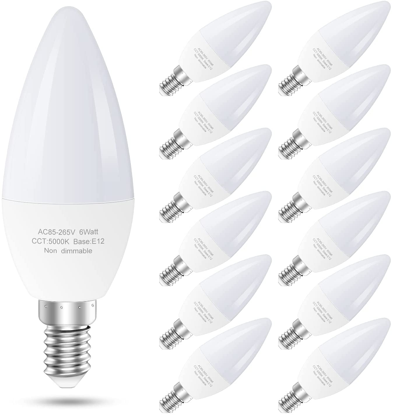 LED Candelabra Bulb 60W Equivalent, E12 Candelabra LED Bulbs, Daylight 5000K LED, 6W E12 Base ...