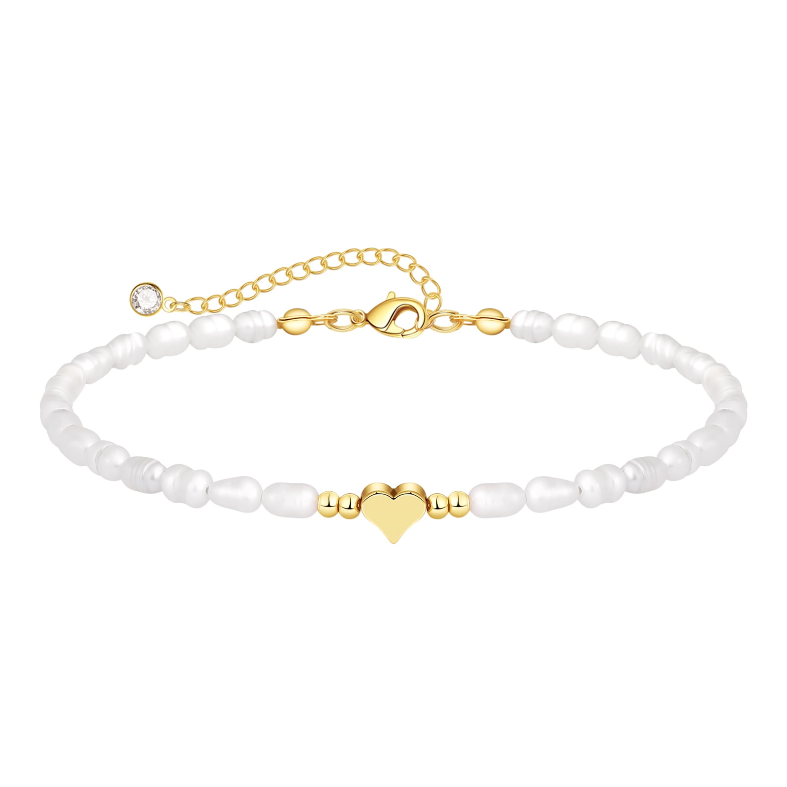 GOSFRY 14k gold pearl heart Diamond Cuban Link Heart Pearl Bracelets ...