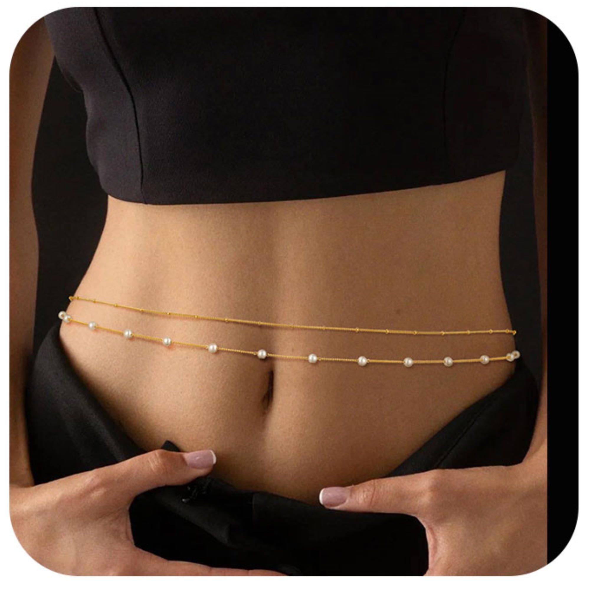 GOSFRY 2PCS 14K Gold Plated Waist Chains for Women Beads Pearl Satellite Figaro Belly Body Chain ...