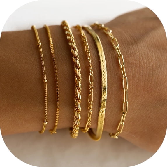 GOSFRY 6PCS Bracelets for Women 14K Gold Plated Trendy Dainty Layered ...