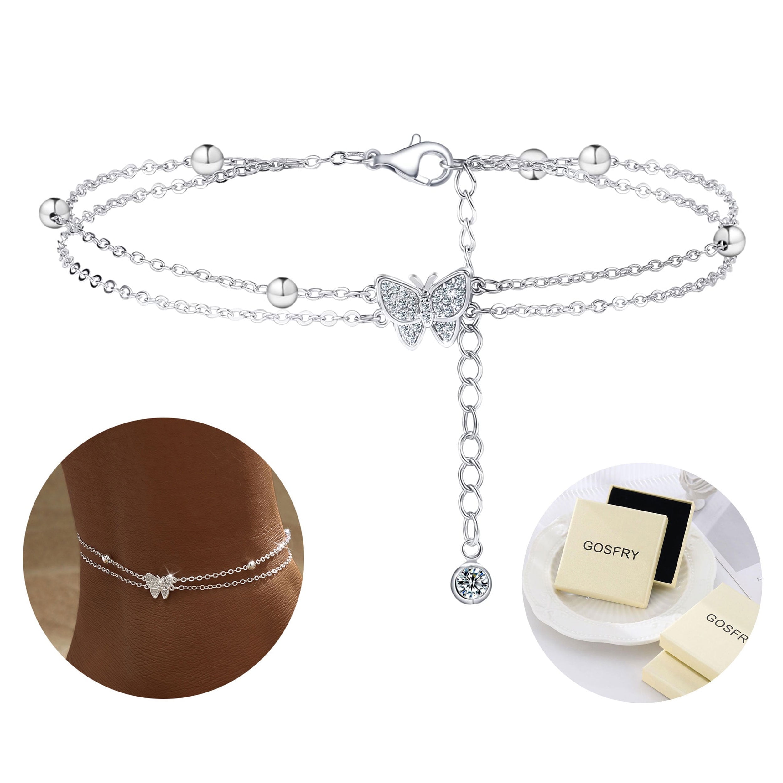 GOSFRY Silver Plated Anklet for Women Fine Bead Paperclip Waterproof ...