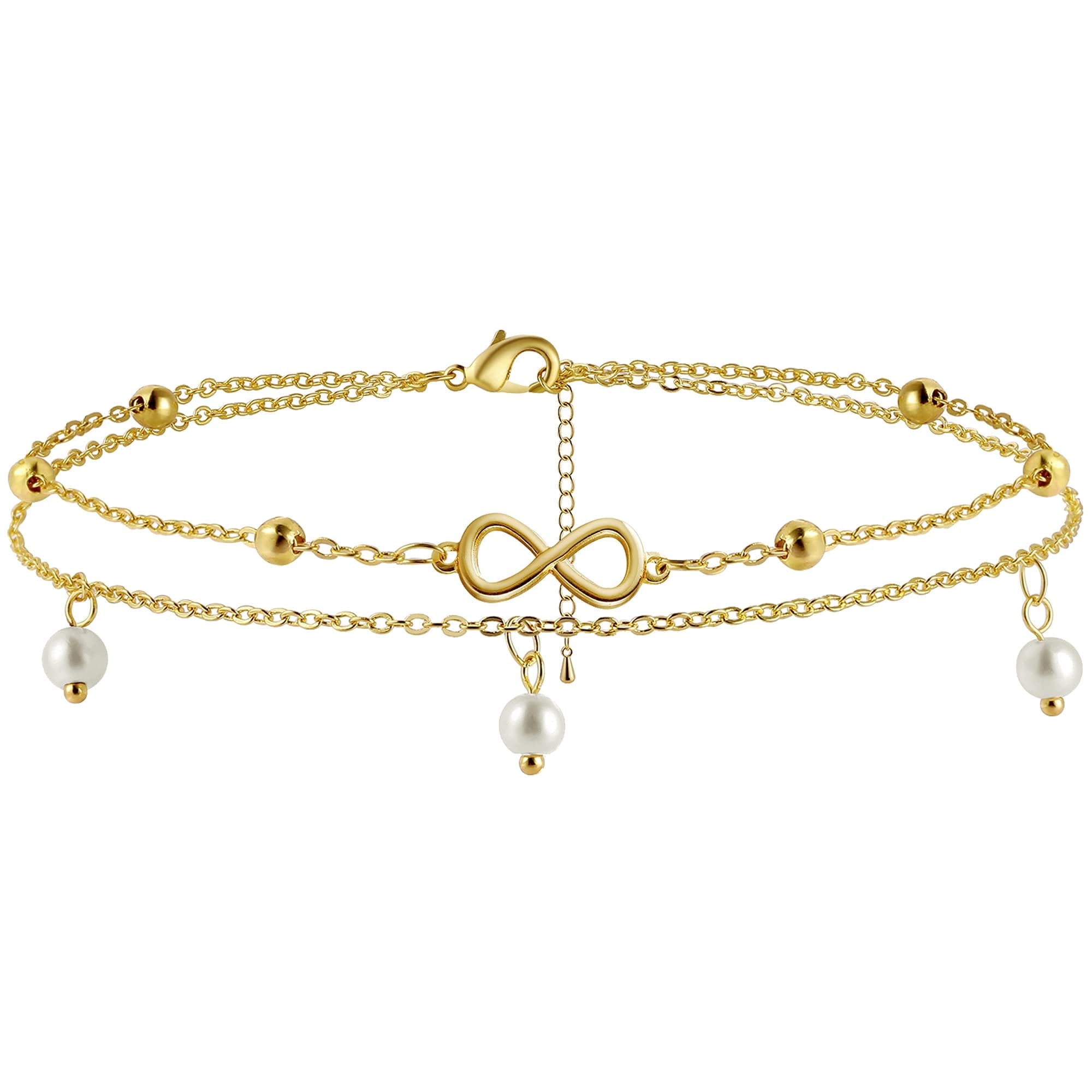 GOSFRY Minimalist Layered Infinity Ankle Bracelets 14K Gold Plated Filled Dainty Pearl Anklet ...