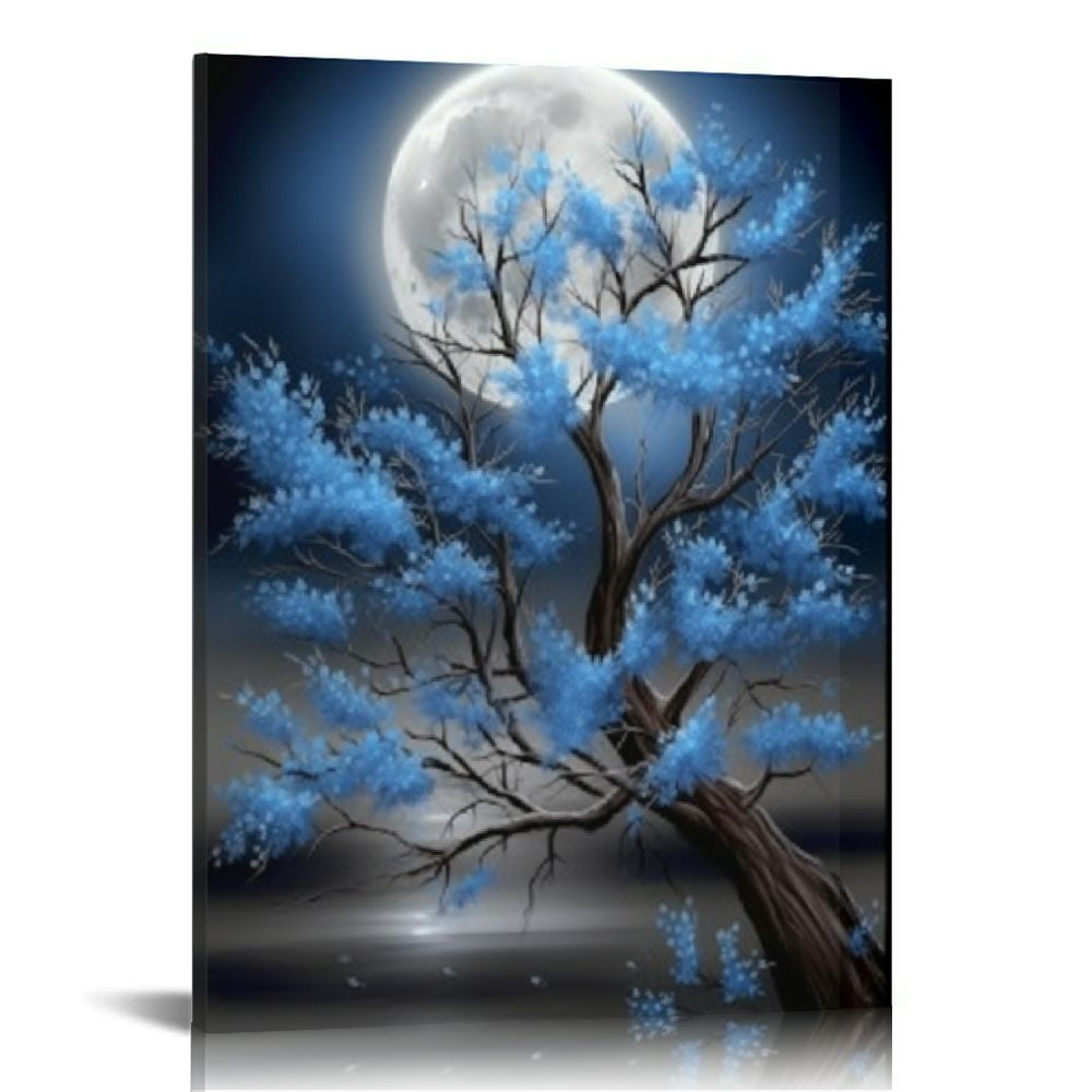 GOSMITH 3 Piece Moon Canvas Wall Art Modern Abstract Blue Tree with ...