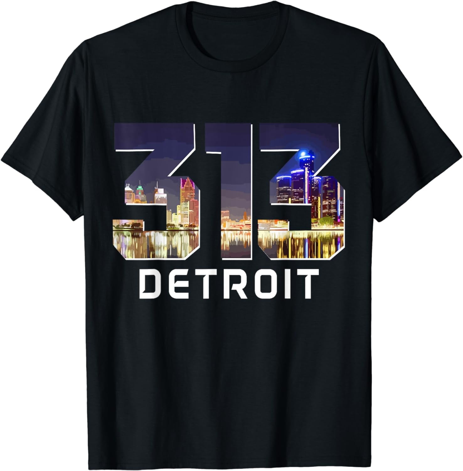 GOSMITH 313 Detroit Area Code Night Skyline Vintage Pride Michigan T ...