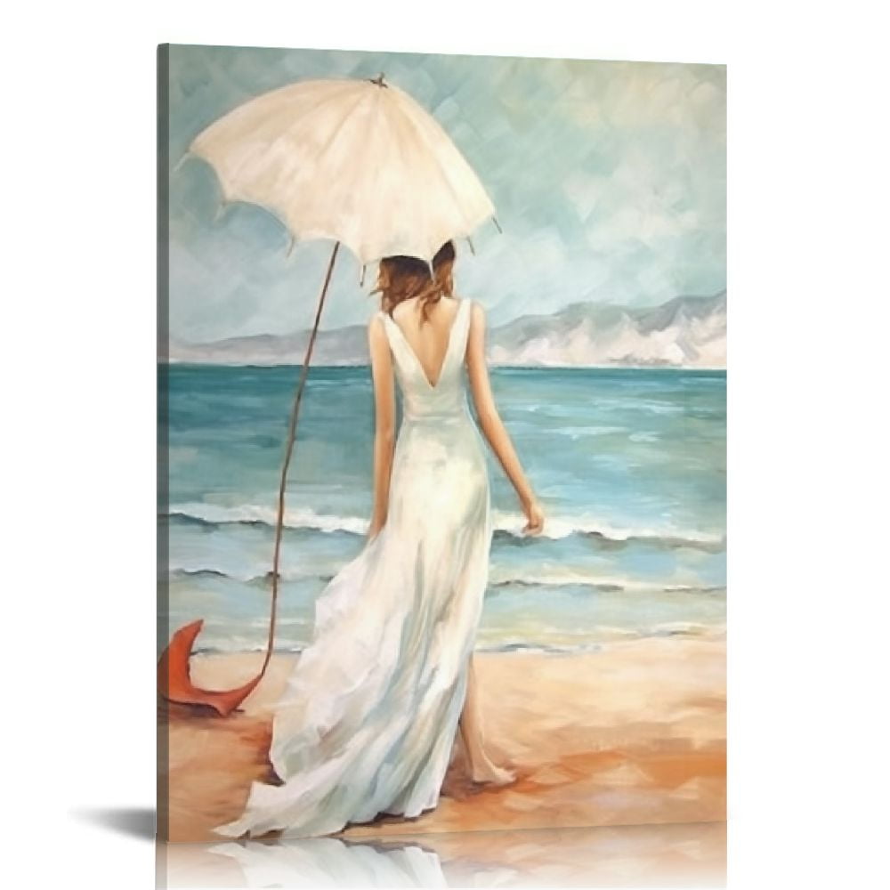 GOSMITH Abstract Beach Artwork Ocean Picture: Modern Women & Umbrella ...