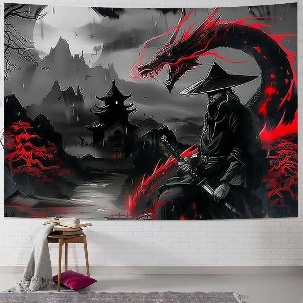 GOSMITH Anime Samurai Tapestry, Cool Red and Black Medieval Fantasy ...