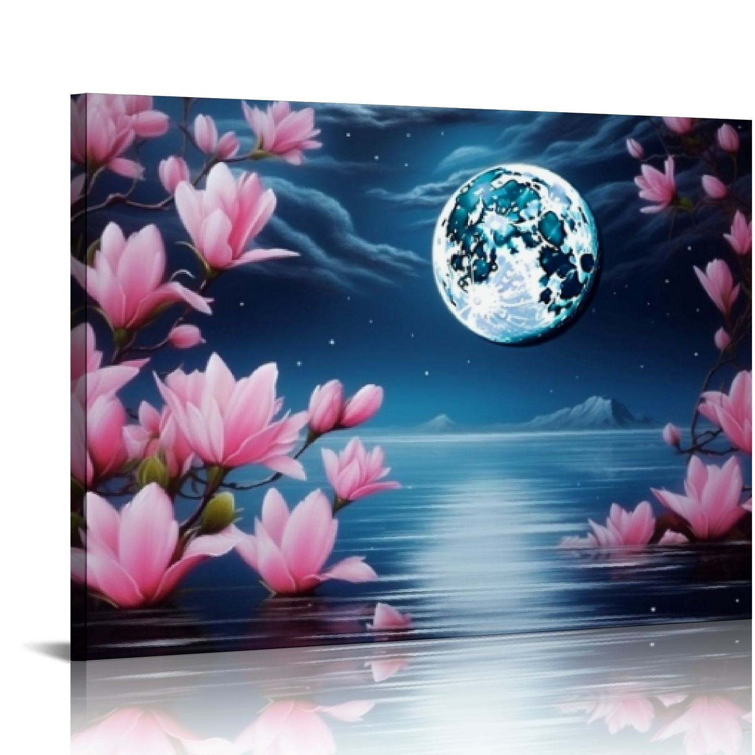 GOSMITH Art Pink Magnolia Flower Wall Art Full Moon Over Sea Picture ...