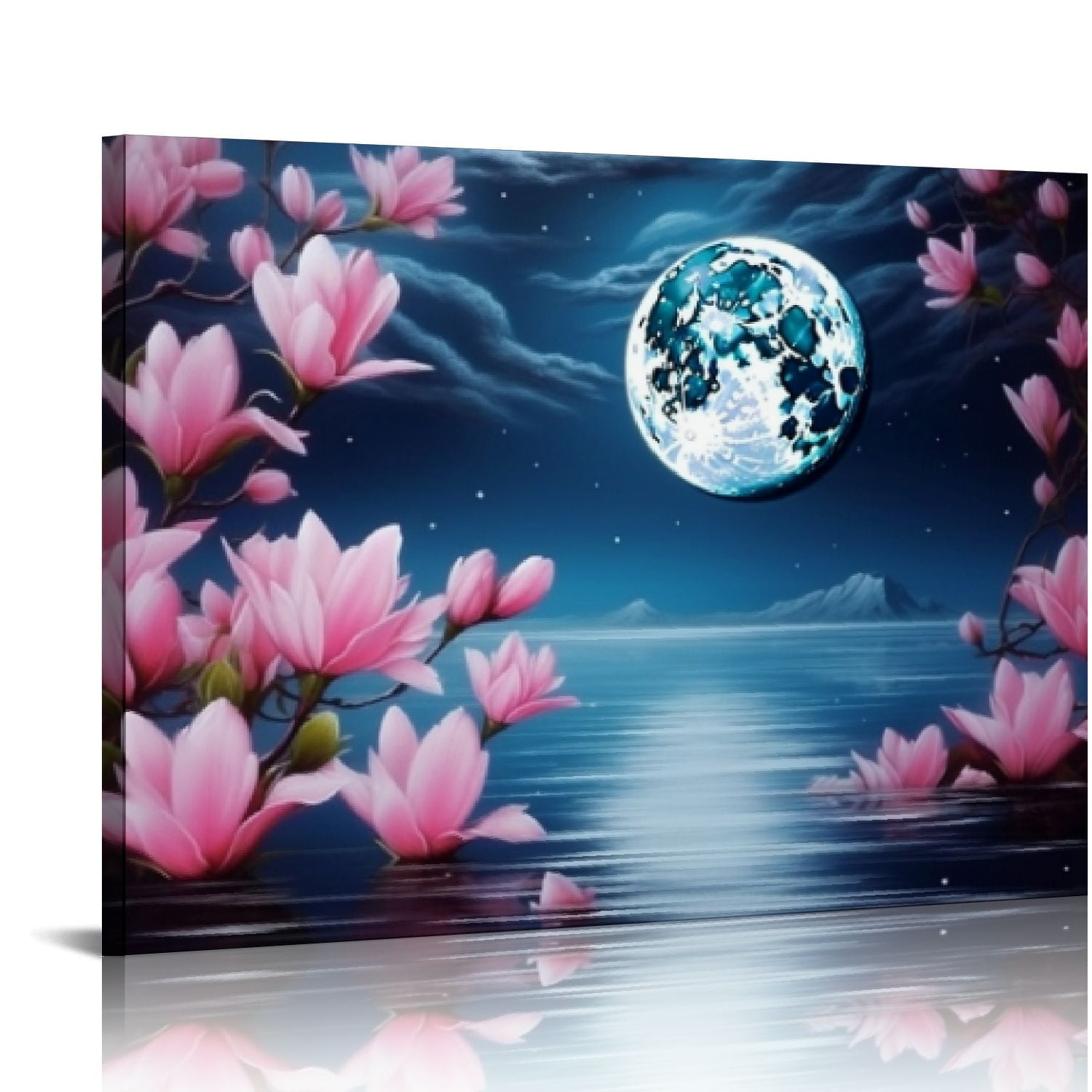 GOSMITH Art Pink Magnolia Flower Wall Art Full Moon Over Sea Picture ...