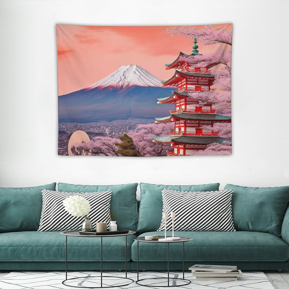 GOSMITH Asian Japanese Tapestry Wall Hanging Japan Pagoda Mountain Fuji ...