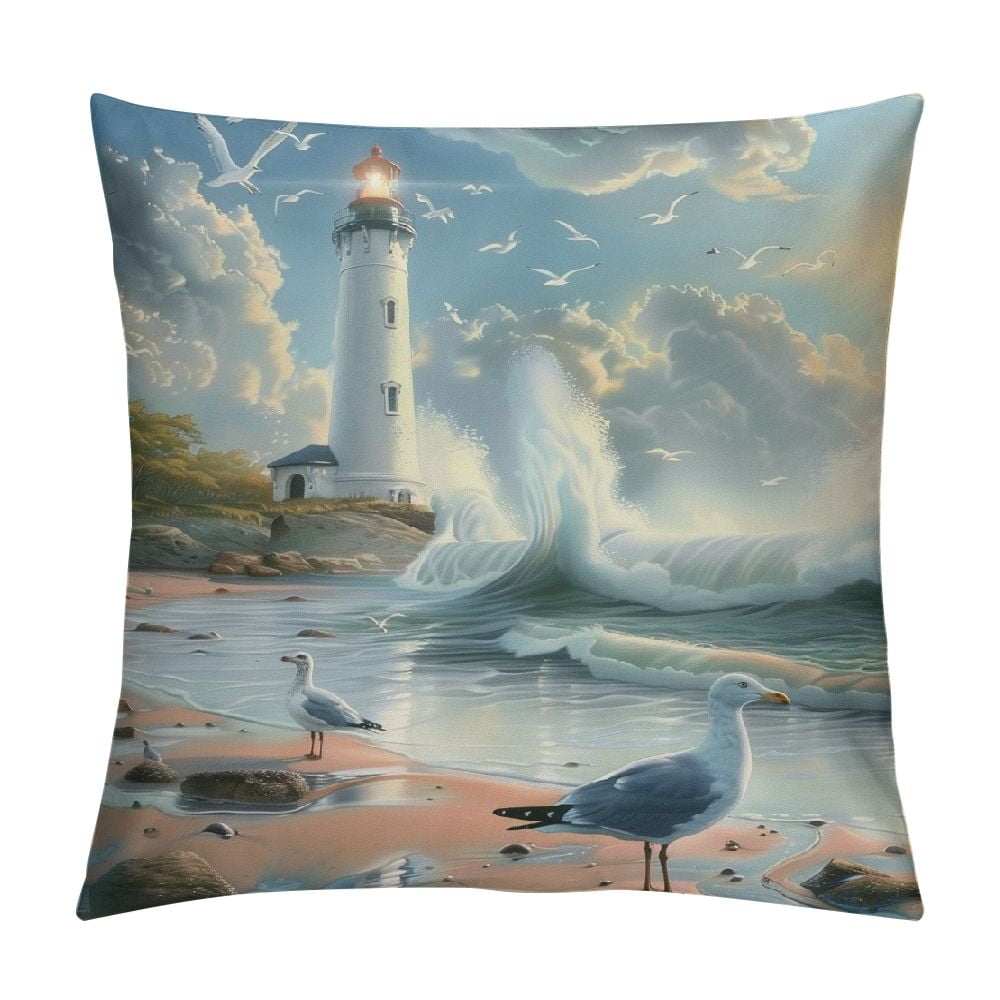 GOSMITH Beach Lighthouse Seagull Square Decorative Throw Pillow Covers ...