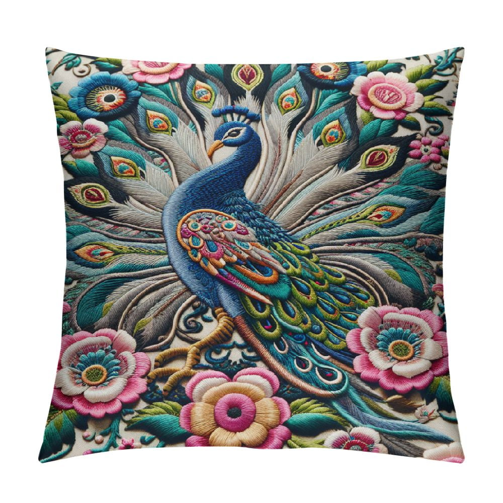 GOSMITH Beautiful Peacock Throw Pillow Cover with Tropical Japanese ...