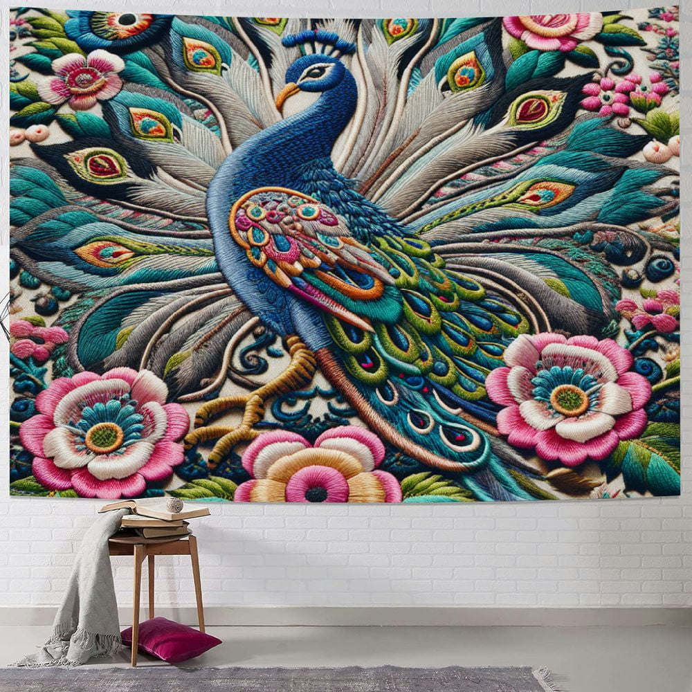 GOSMITH Beautiful Peacock with Tropical Japanese Flowers Tree Spring ...