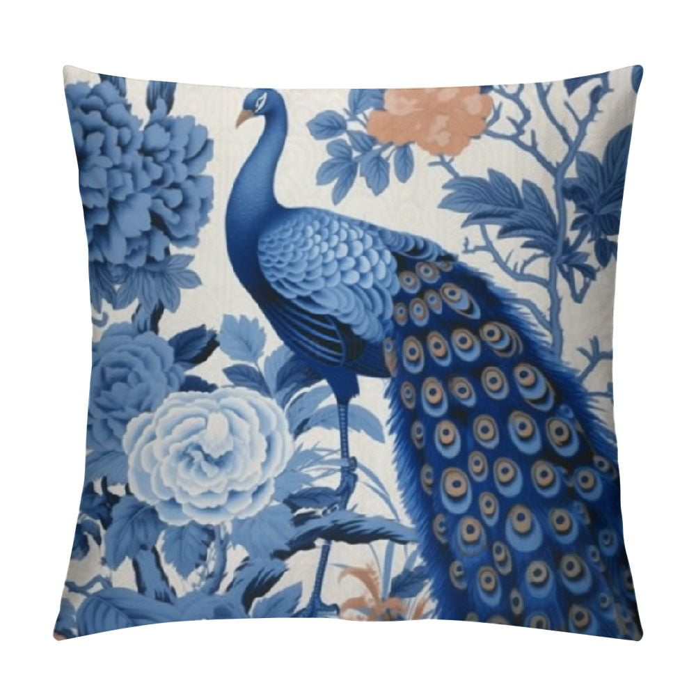 GOSMITH Birds and Peonies in Blue Color Pillow Cover Case Peacock ...