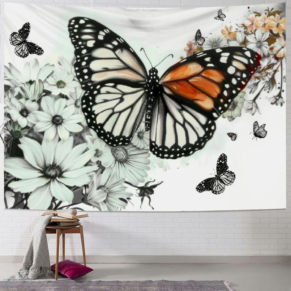 GOSMITH Black White Butterfly Tapestry Wall Hanging, Full Bloom Floral ...