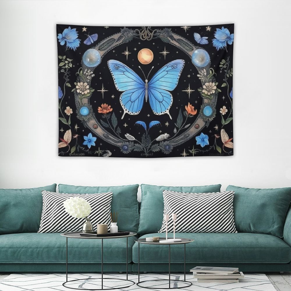 GOSMITH Blue Butterfly Moon Phase Tapestry, Colorful Plant Flower ...