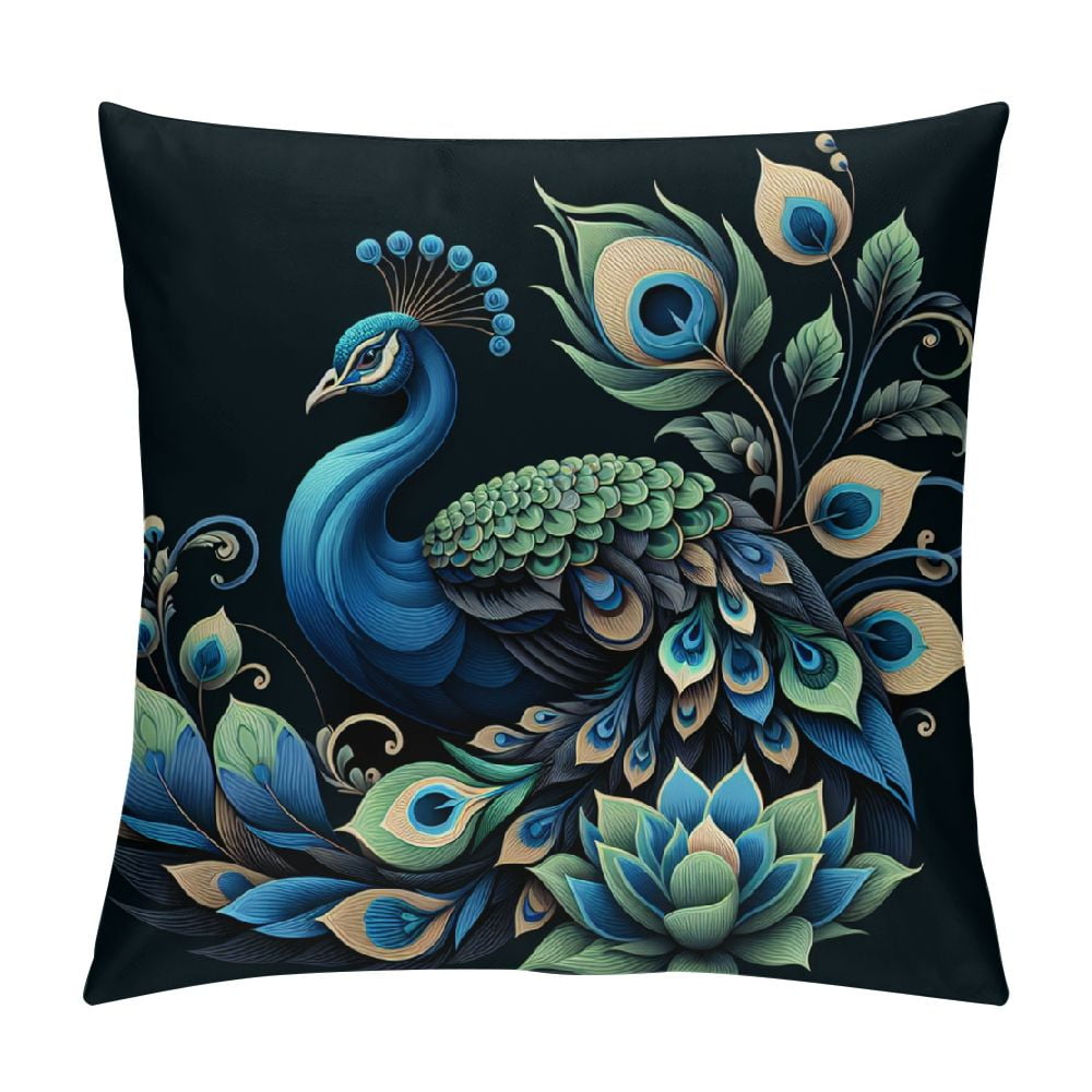 GOSMITH Blue Peacock Pillow Cover Beautiful Watercolor Flowers Peony ...