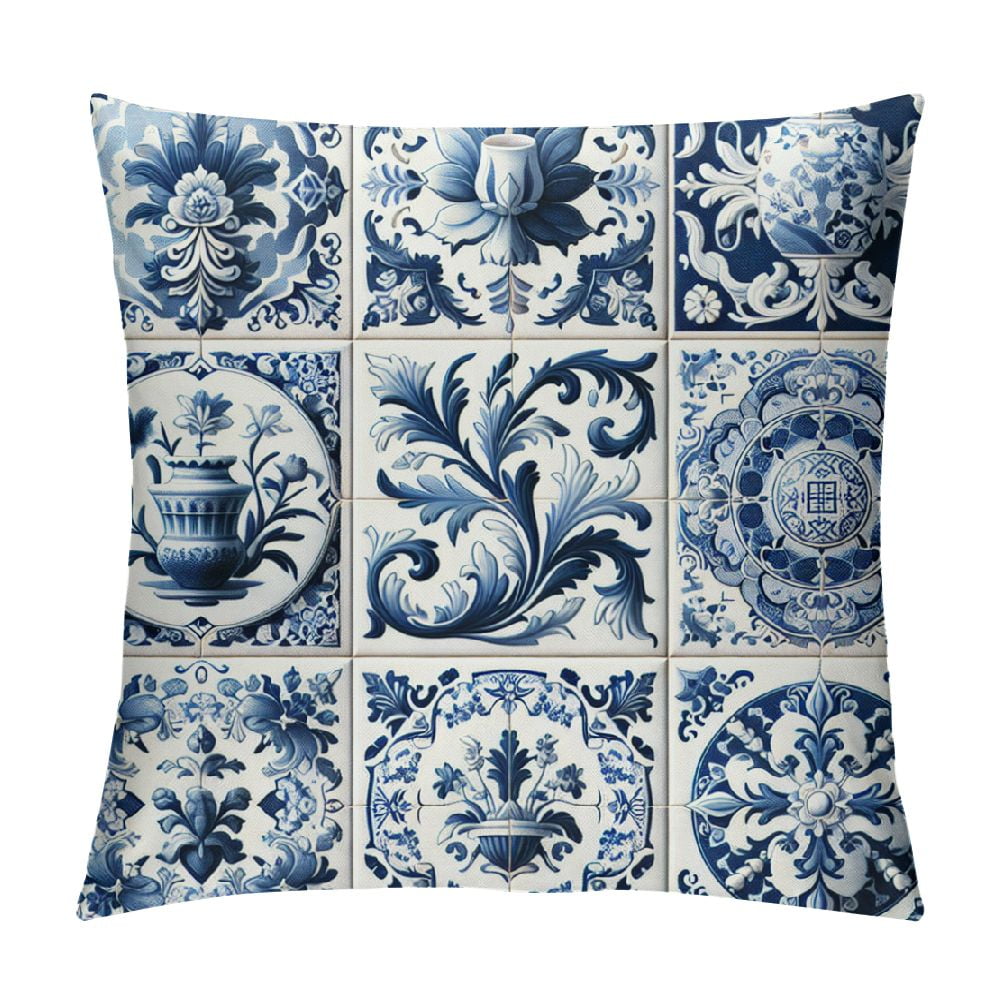 Leisuo Blue Tile Throw Pillow Outdoor Decorative Pillow Vintage Ethnic ...