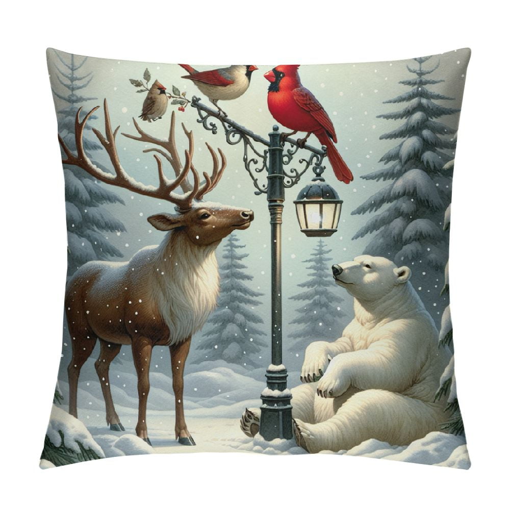 GOSMITH Blue Winter Reindeer Pillow Covers Polar Bear Elk Pine Tree ...
