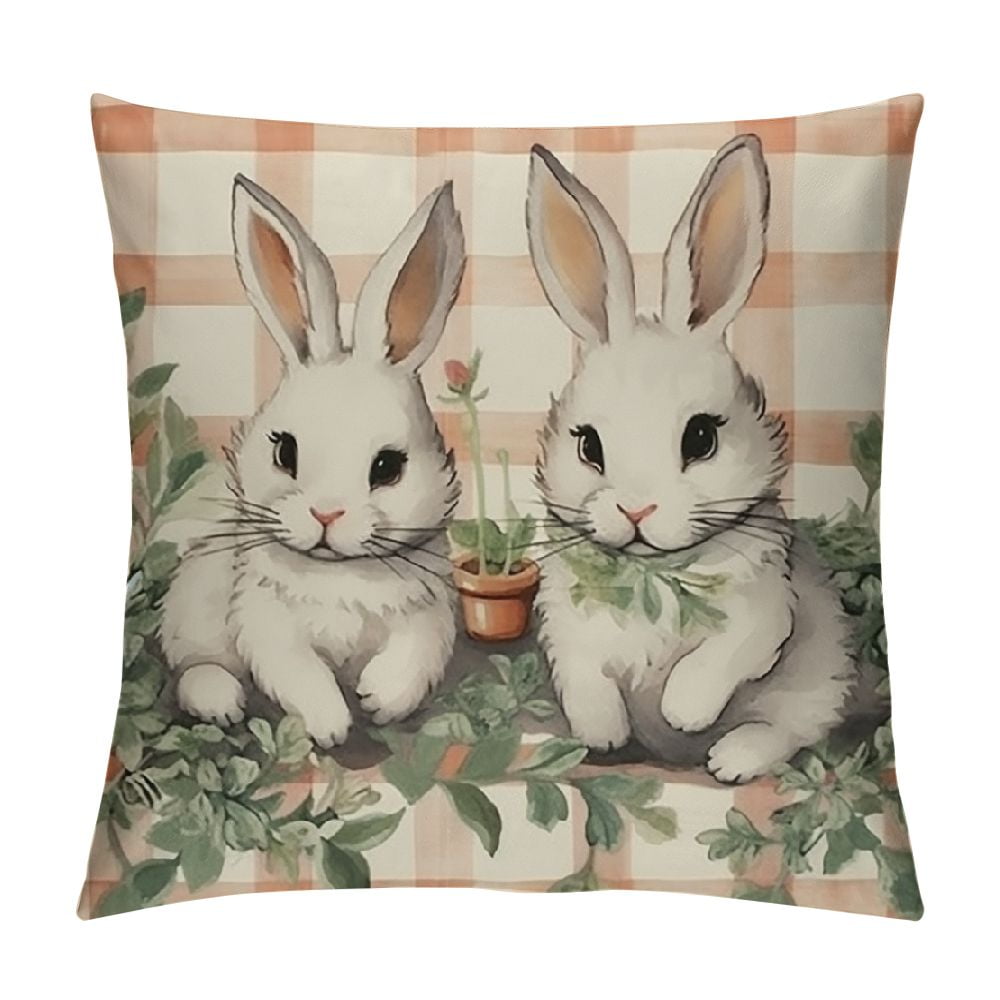 GOSMITH Buffalo Plaid Happy Easter Bunny Pillow Covers Eucalyptus ...