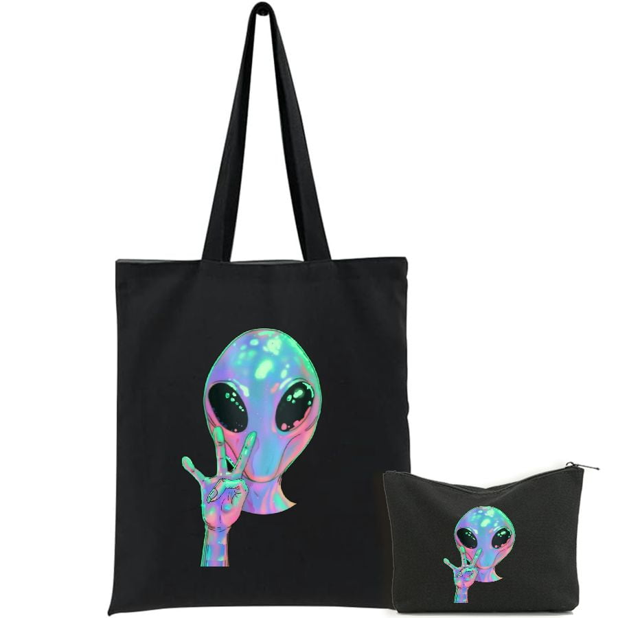 GOSMITH Canvas Tote Bag Aesthetic Peace Sign Hand Planet Stars UFO Cool ...