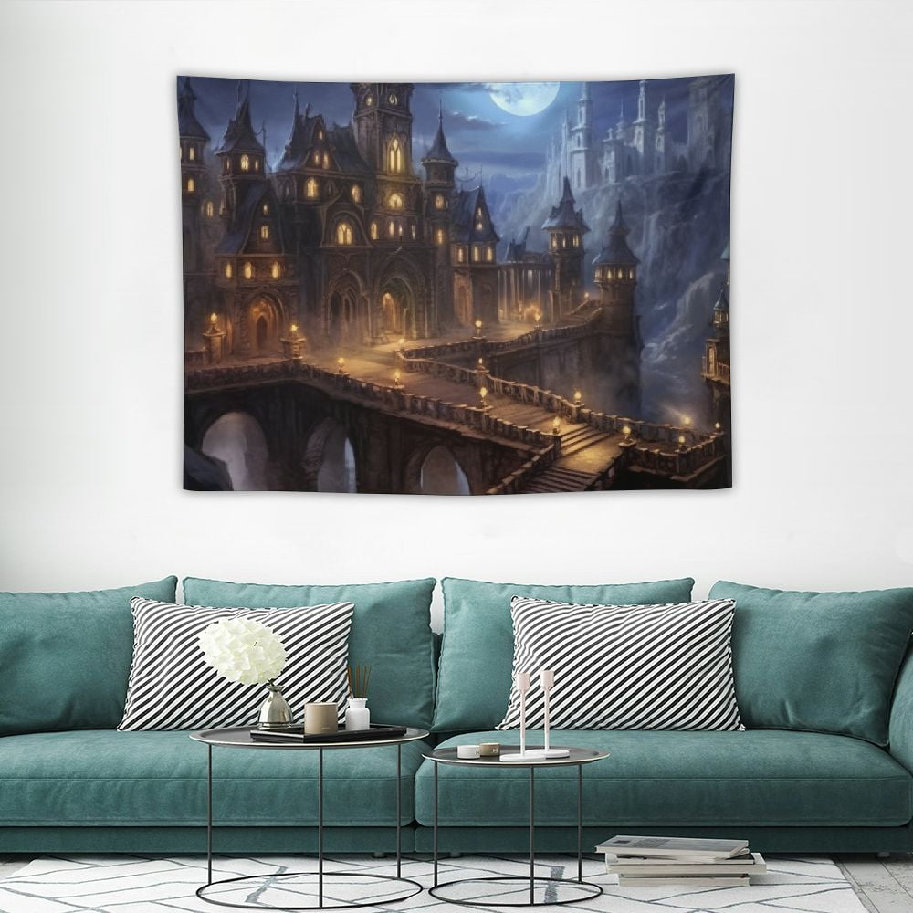 GOSMITH Castle Full Moon Night Tapestry, Wolf Fantasy Medieval Town ...
