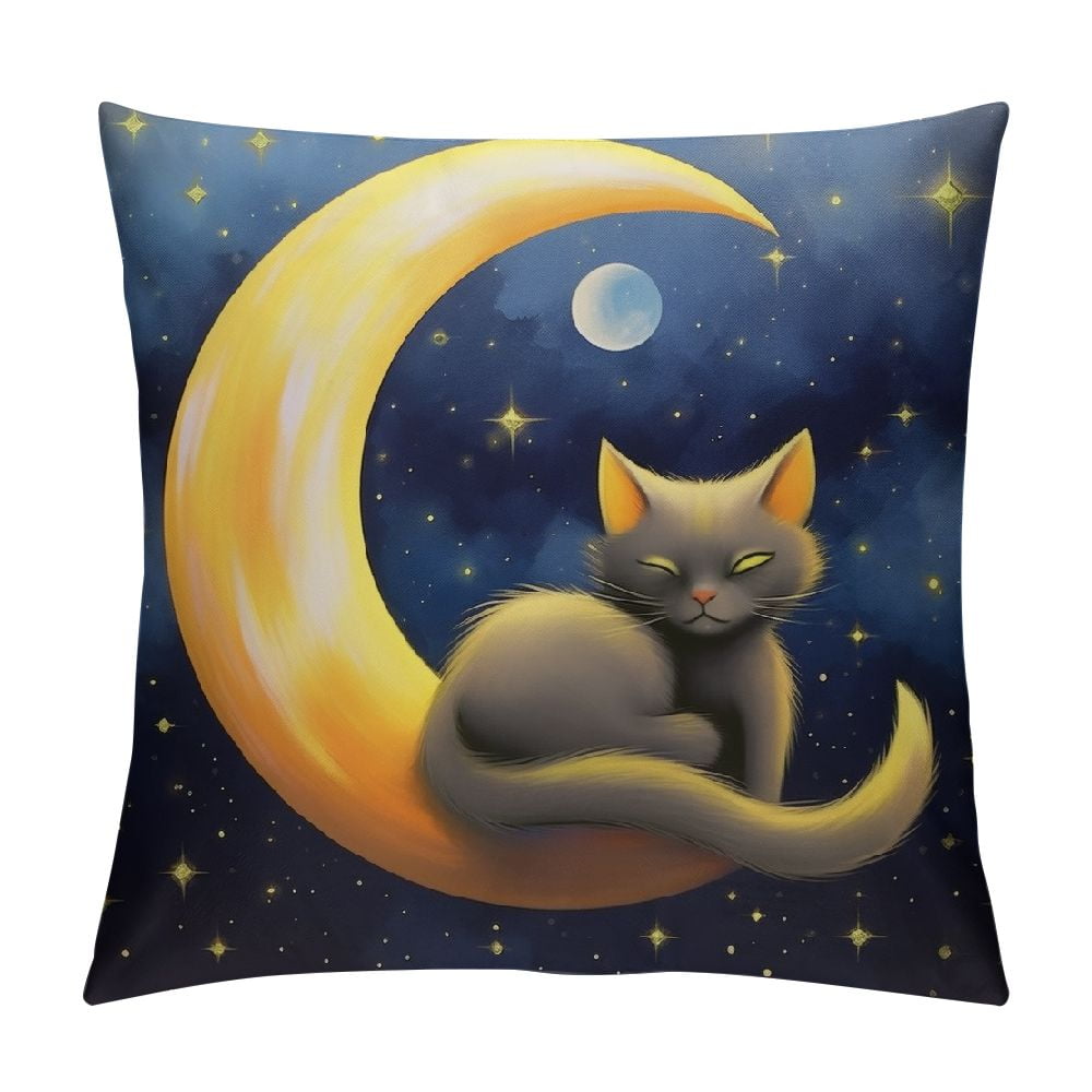 GOSMITH Cat Throw Pillow Cushion Cover, Cat Sleeping on Crescent Moon ...