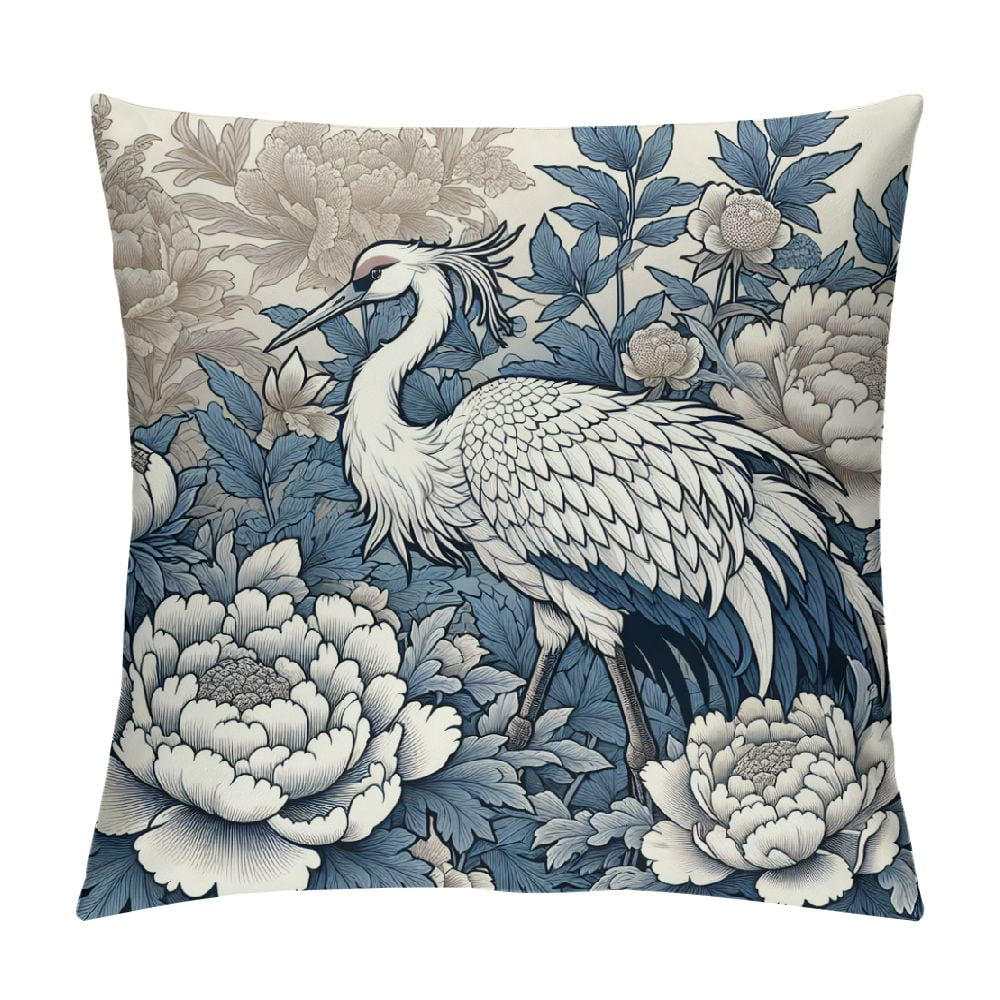 GOSMITH Chinese Style Pillow Cases Chinese Style Blue and White Porcelain Crane Floral Throw ...