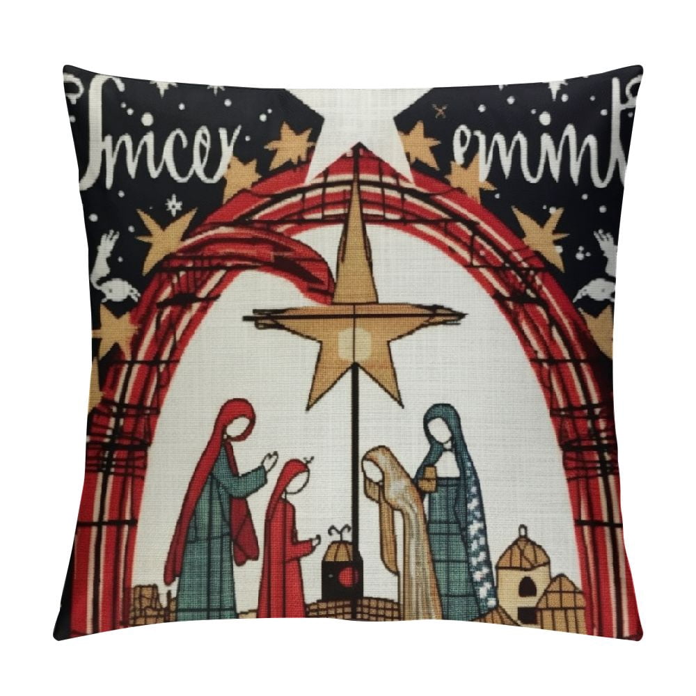 GOSMITH Christmas Pillow Cover Cross Holy Night Jesus Nativity ...