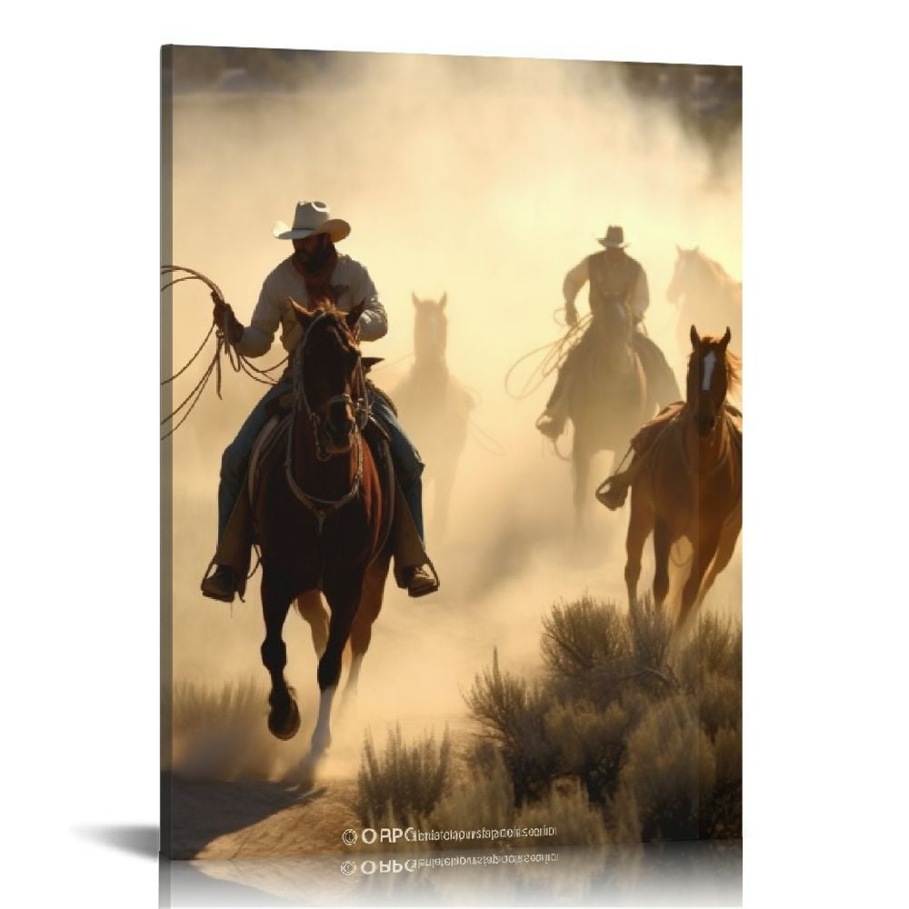 GOSMITH Cowboys On Horseback Wrangling Horses On Dusty Ranch Western ...