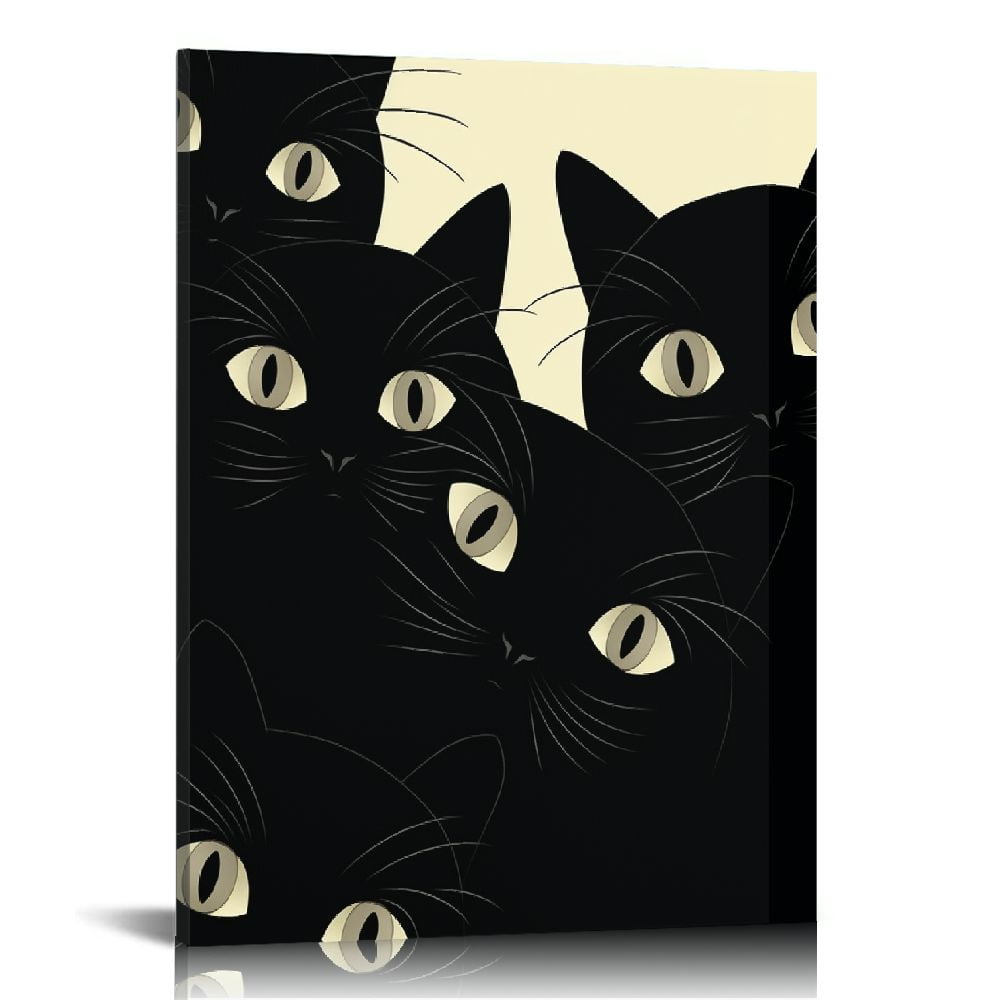 GOSMITH Cute Abstract Poster of Three Peeking Kittens Funky Black Cat Canvas Wall Art Funny ...