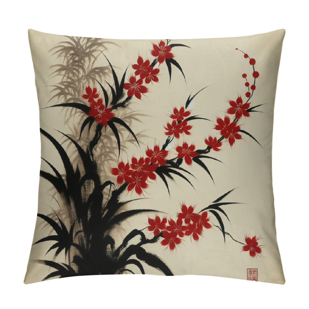 Leisuo Decorative Throw Pillow Cover Black Ink Painting Flower Brush ...