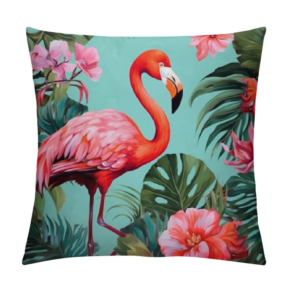 GOSMITH Decorative Throw Pillow Cover,Flamingo Tropical Garden Hibiscus ...