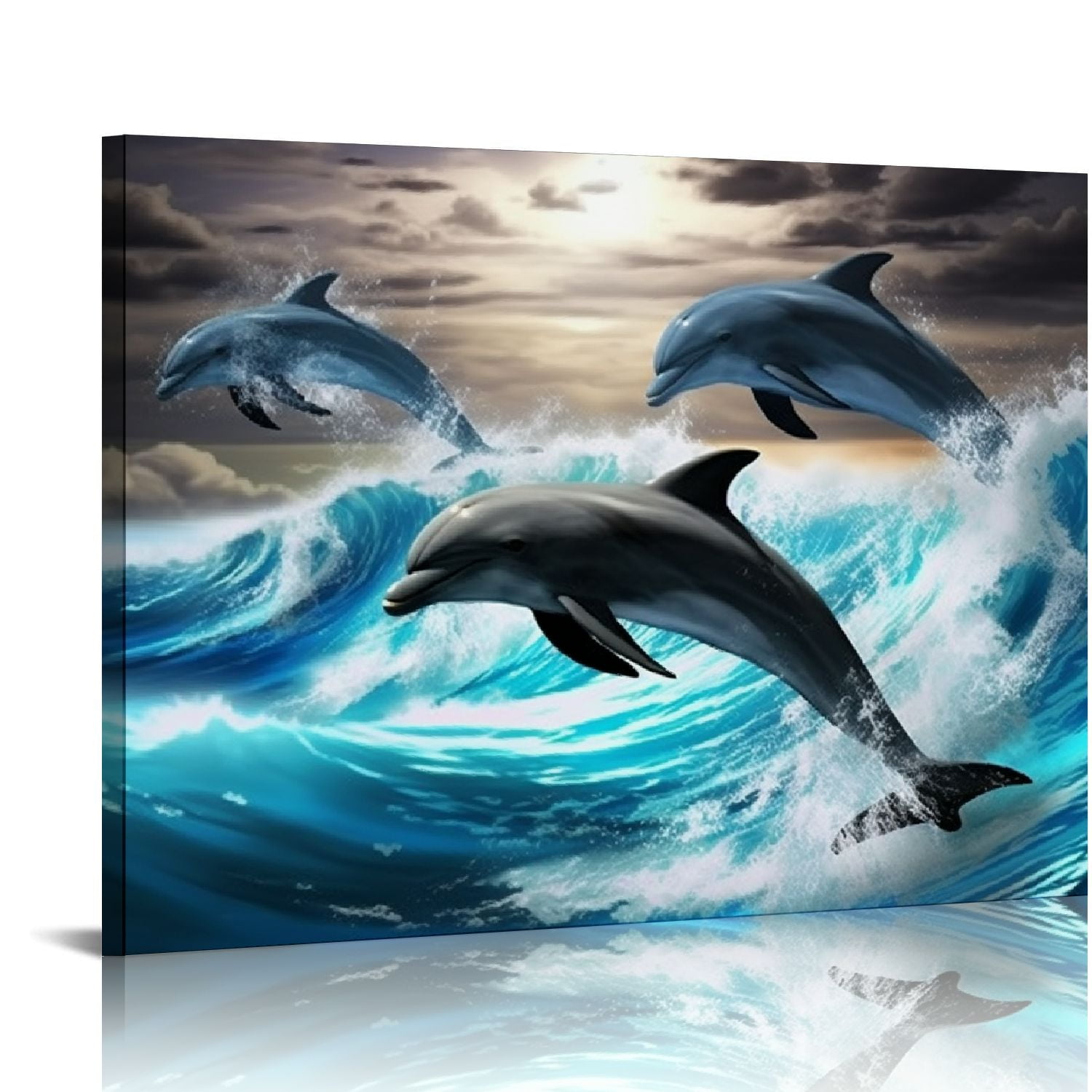 GOSMITH Dolphins Wall Art Jumping Dolphin Canvas Pictures Black White Seascape Prints Blue Waves ...