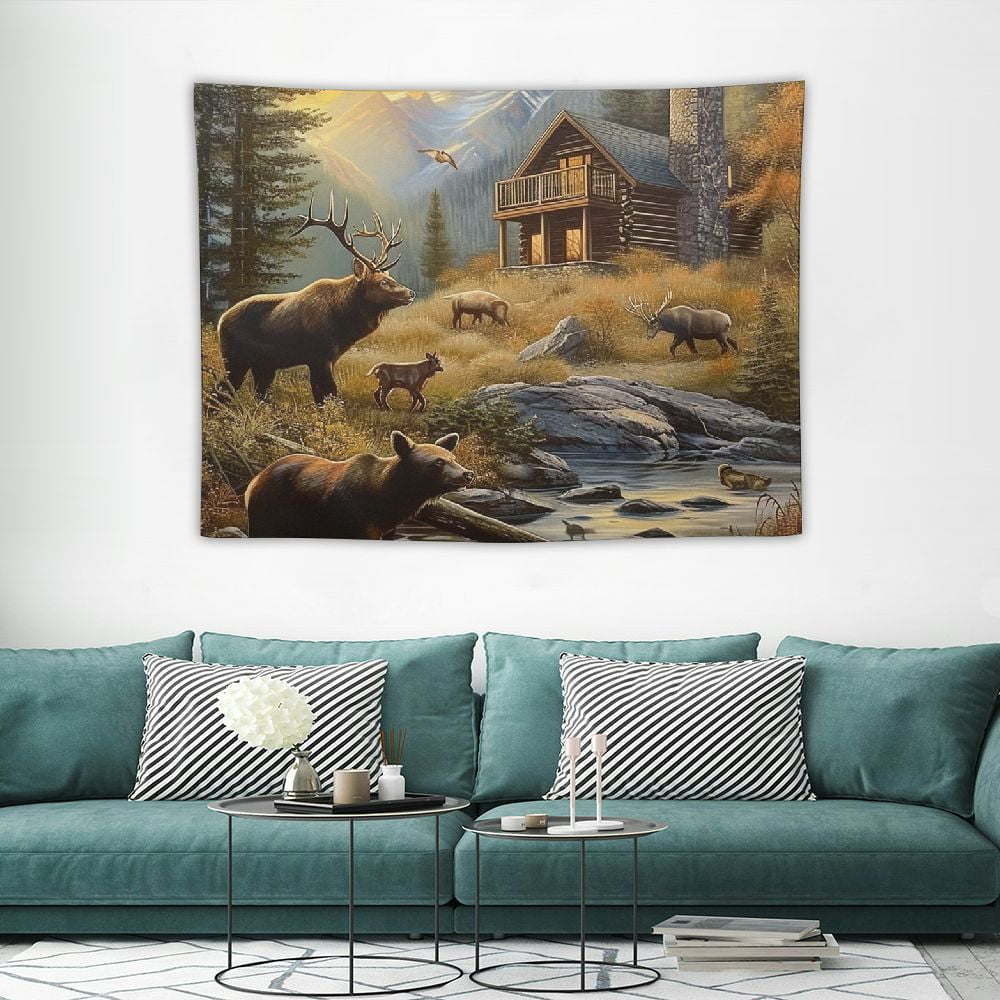 GOSMITH Farmhouse Rustic Cabin Tapestry, Bear Moose Lodge Woodland ...