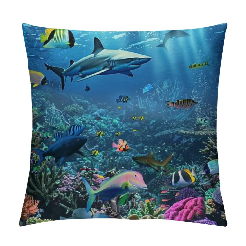 GOSMITH Fish Throw Pillow Covers Ocean Underwater Shark Turtle Coral ...