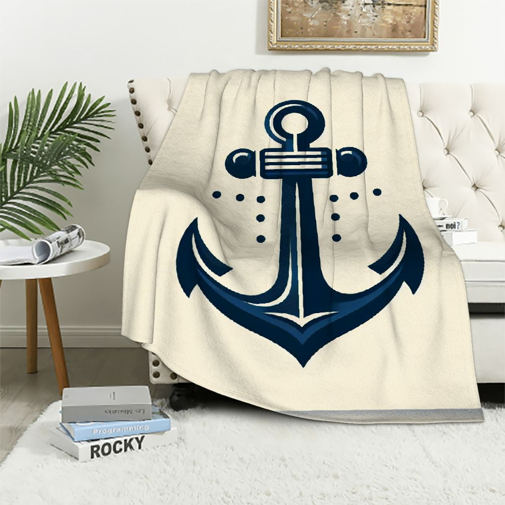 GOSMITH Flannel Blanket Coastal Sailing Blue Compass Anchor Sailboat ...