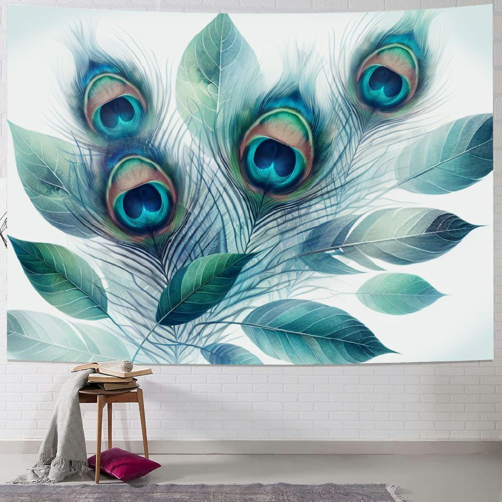 GOSMITH Floral Realistic Peacock Feathers Blue Shiny Foliage Square ...