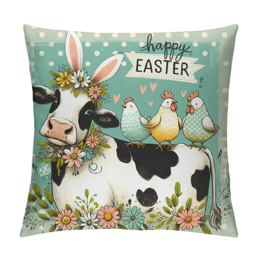 Leisuo Happy Easter Cow Rooster Decorative Throw Pillow Covers, Farm ...