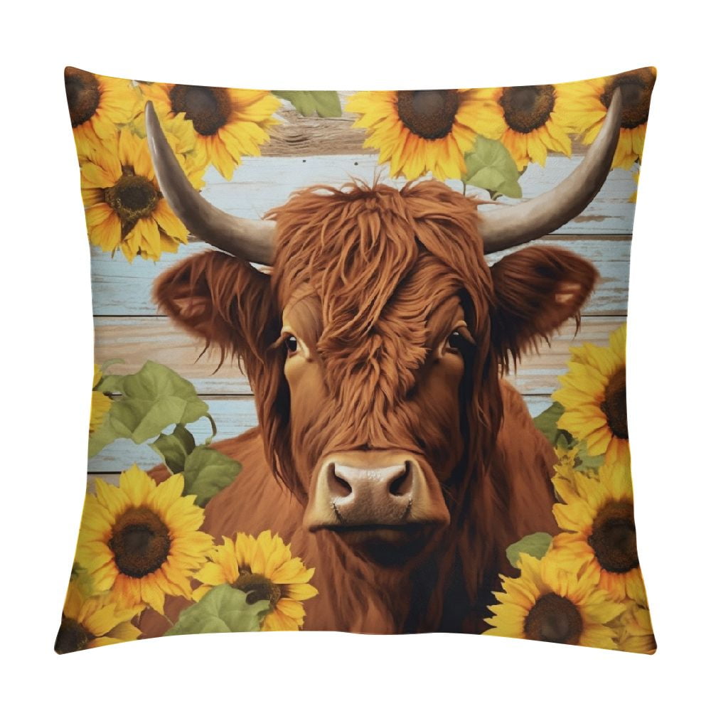 GOSMITH Highland Cattle Pillow Cover Sunflower Ladybug Rustic Plant ...