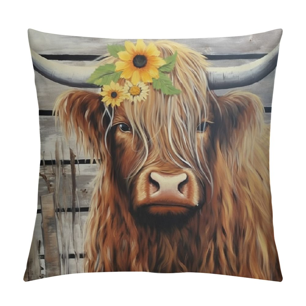 GOSMITH Highland Cow Art Farmhouse Throw Pillow Cover Decor Vintage ...