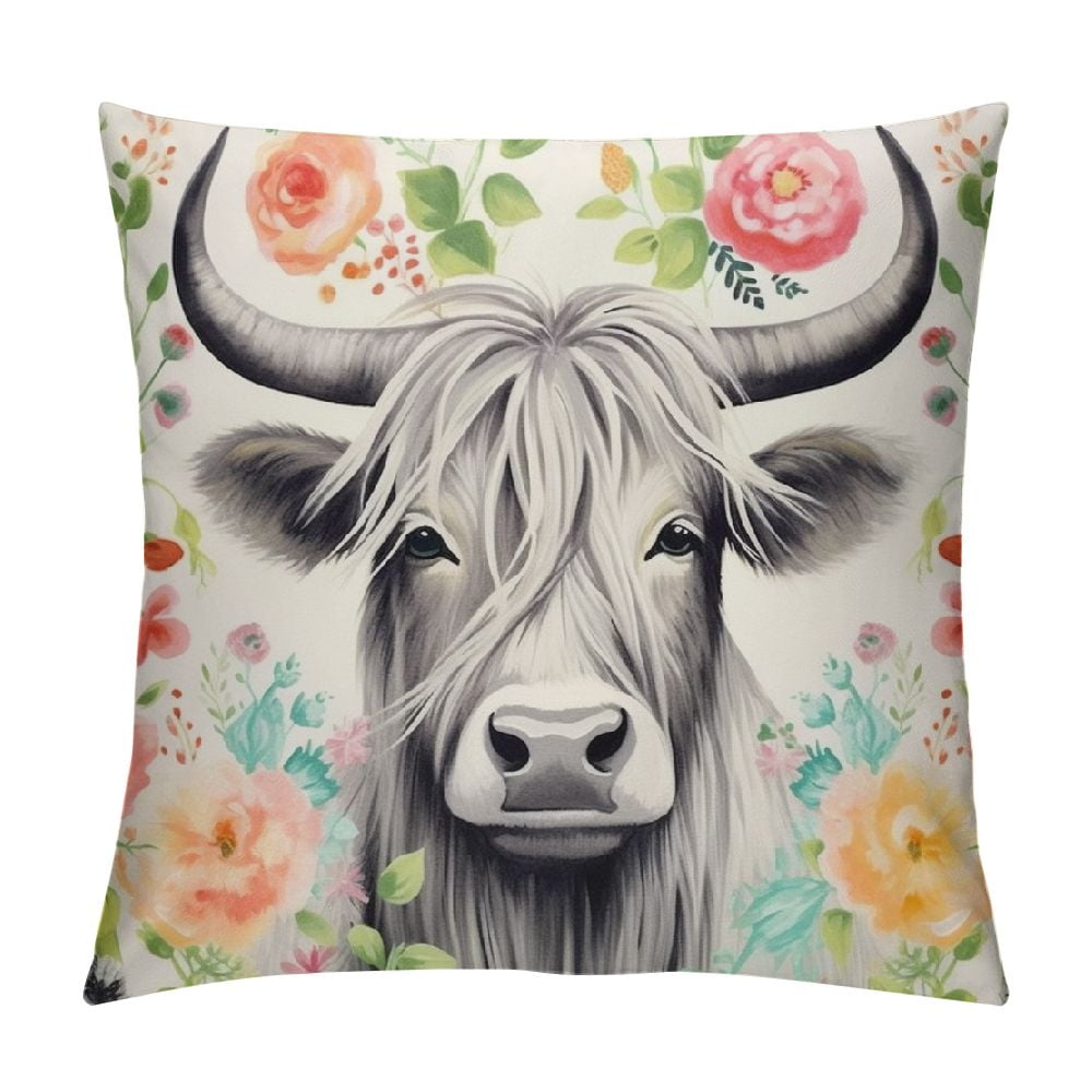 GOSMITH Highland Cow Pillow Cover Highland Cattle Floral Decorative ...