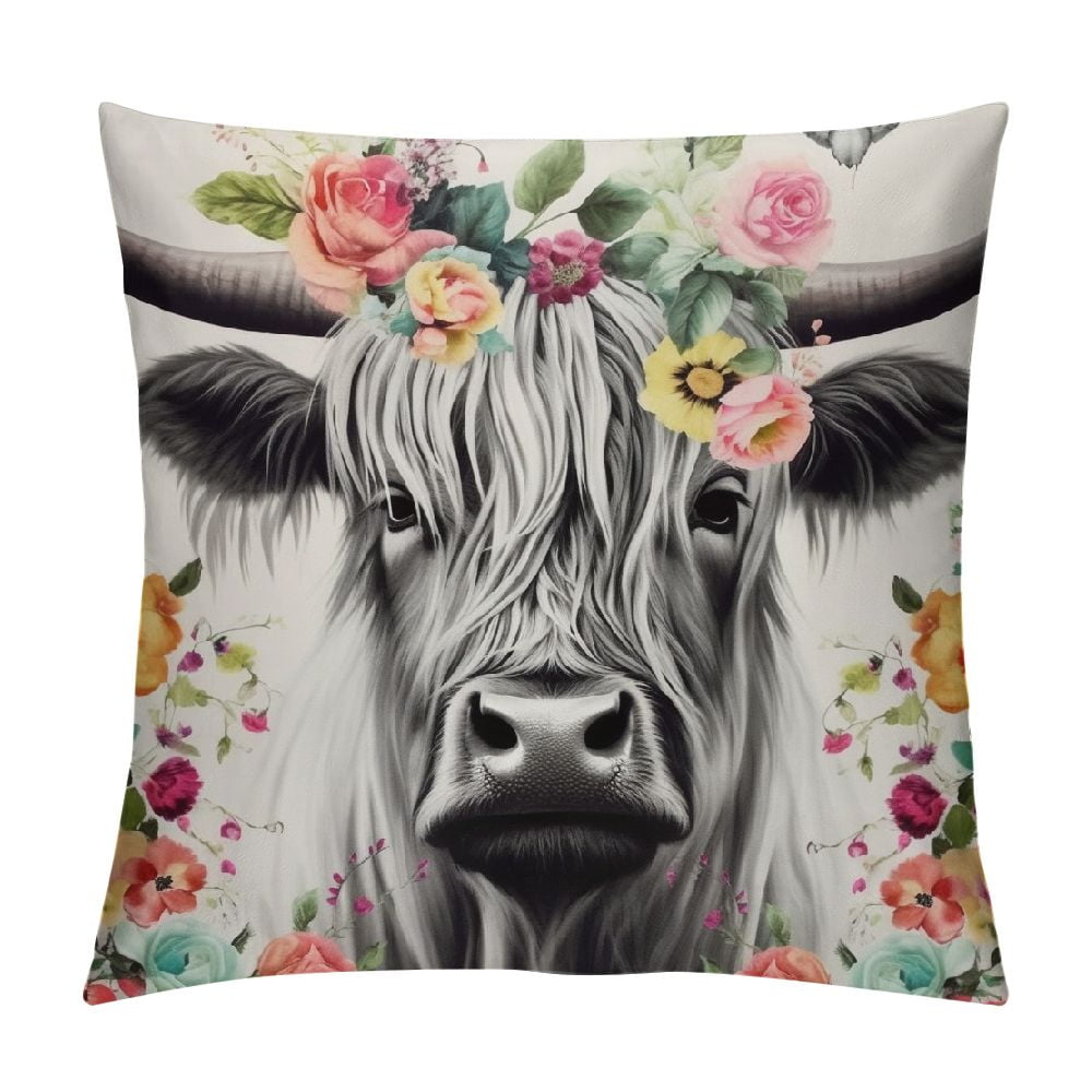 GOSMITH Highland Cow Pillow Covers Highland Cattle Floral Decorative ...