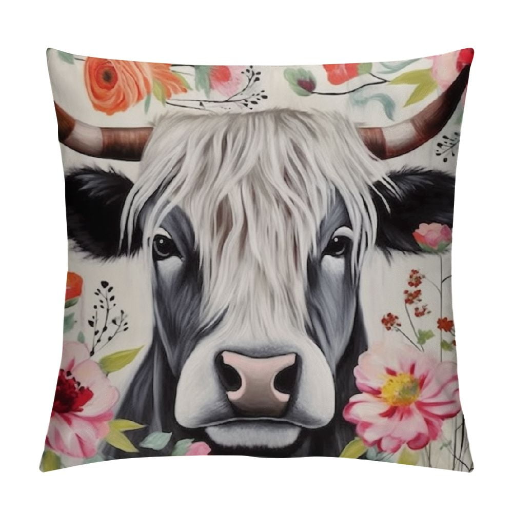 GOSMITH Highland Cow Throw Pillow Covers, Bull Cattle Farmhouse Cushion ...