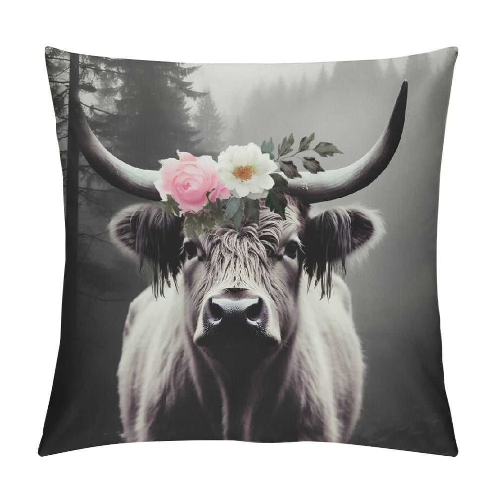 GOSMITH Highland Cow Throw Pillow Covers Soft Highland Cattle Floral ...