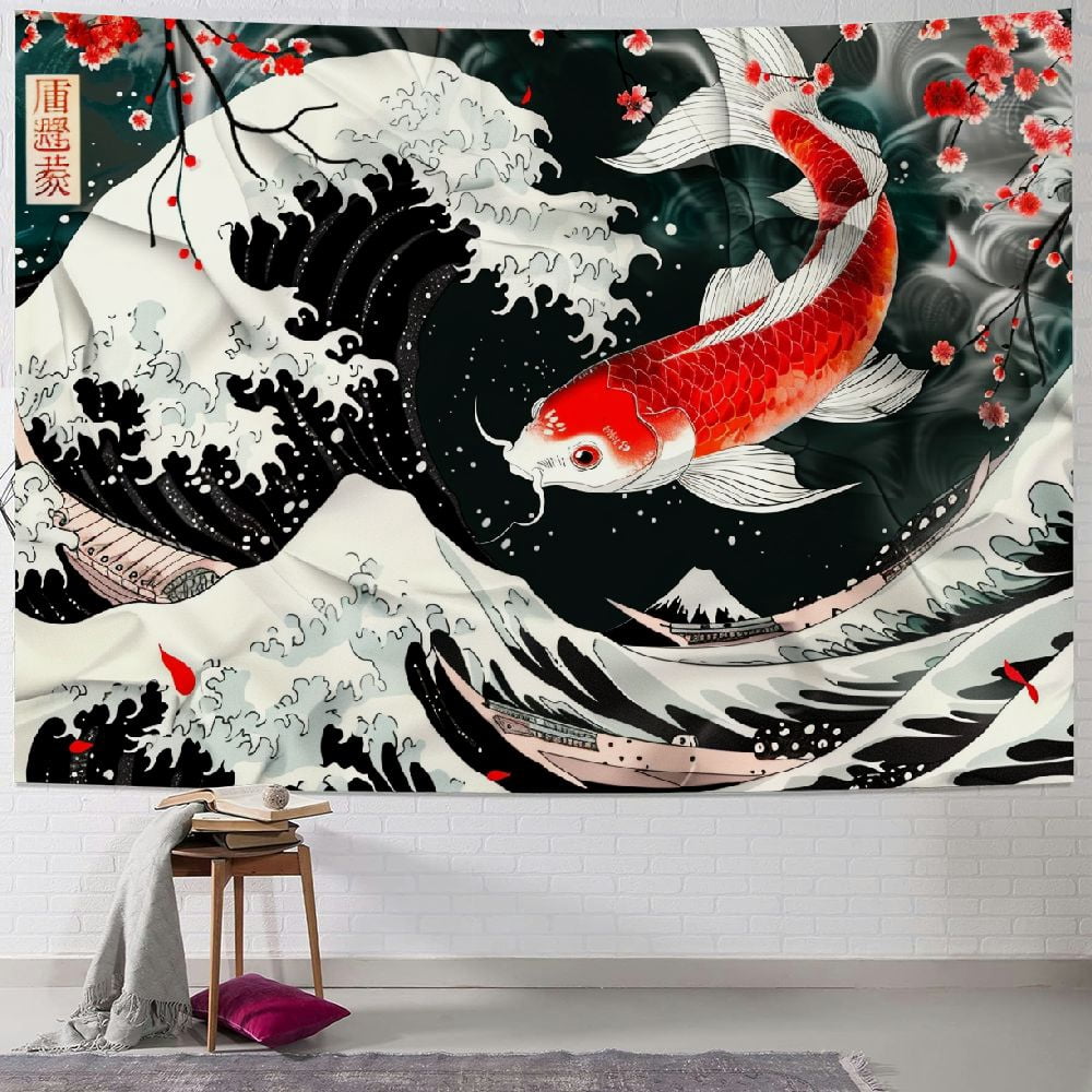 GOSMITH Japanese Anime Tapestry, Black and White Yin Yang Koi Fish ...