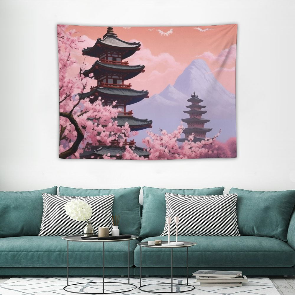 GOSMITH Japanese Tapestry Cherry Sakura Blossom Temple Mount Fuji Pink ...
