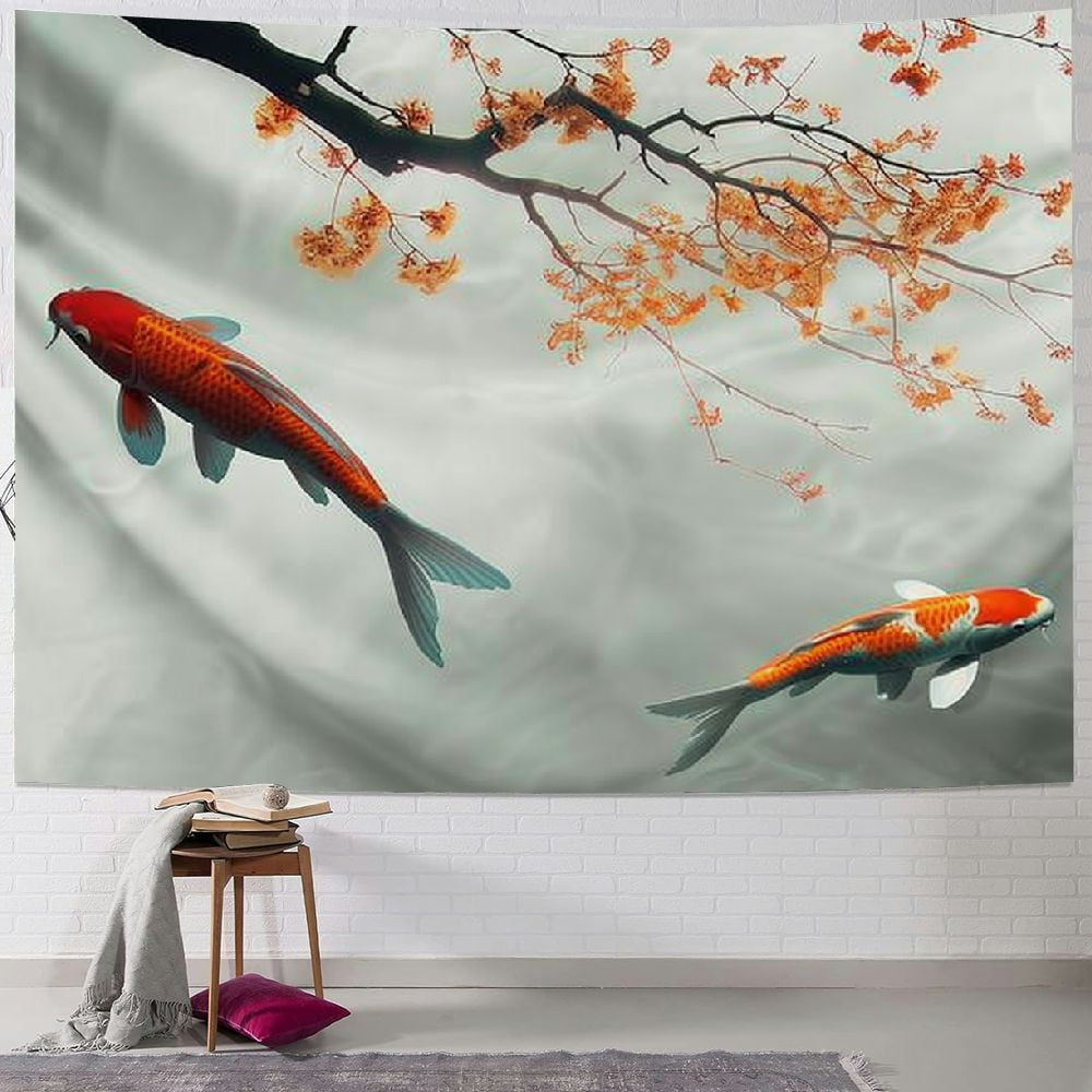 GOSMITH Japanese Tapestry, Koi Carp Fish Couple Swimming Cherry Blossom ...