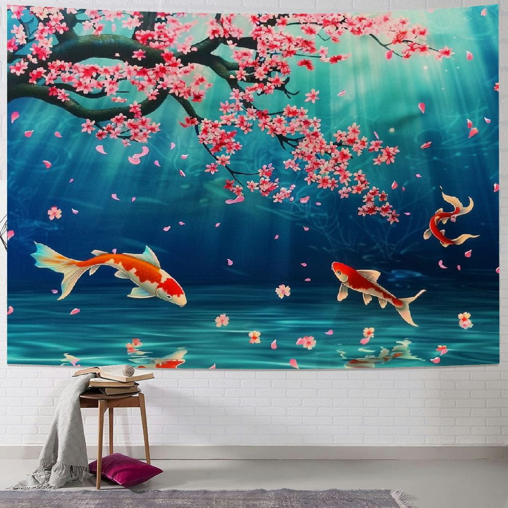GOSMITH Koi Fish Tapestry,Sakura Cherry Blossoms Ukiyo-e Wall ...